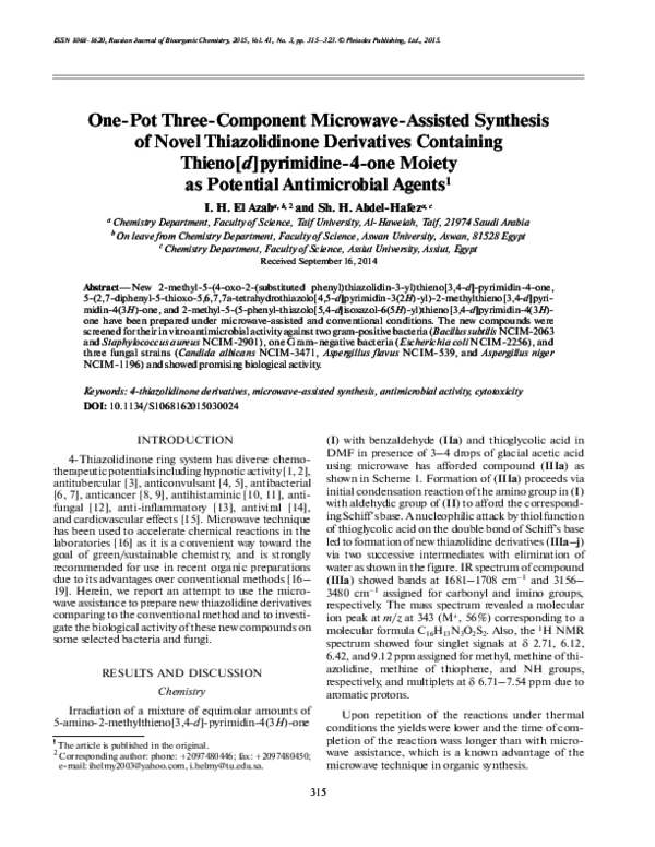(PDF) One Pot Three Component Microwave Assisted Synthesis of Novel Thiazolidinone Derivatives ...