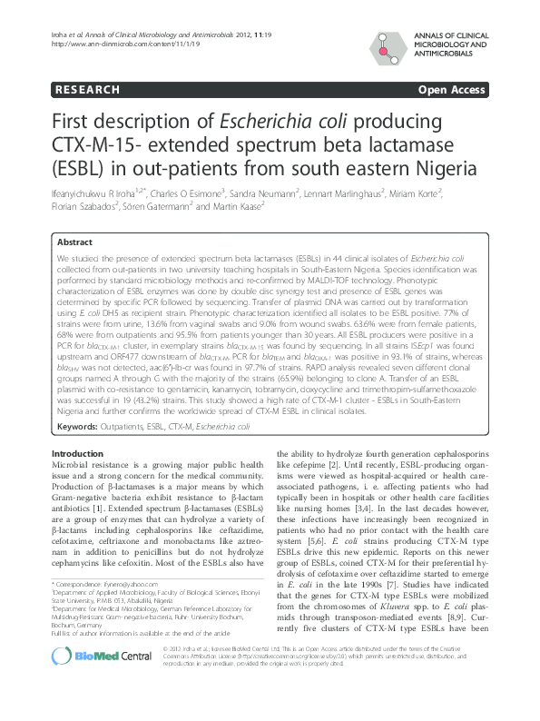(PDF) First description of Escherichia coli producing CTX-M-15 ...