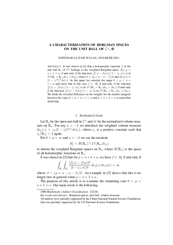 Pdf A Characterisation Of Bergman Spaces On The Unit Ball Of ℂn