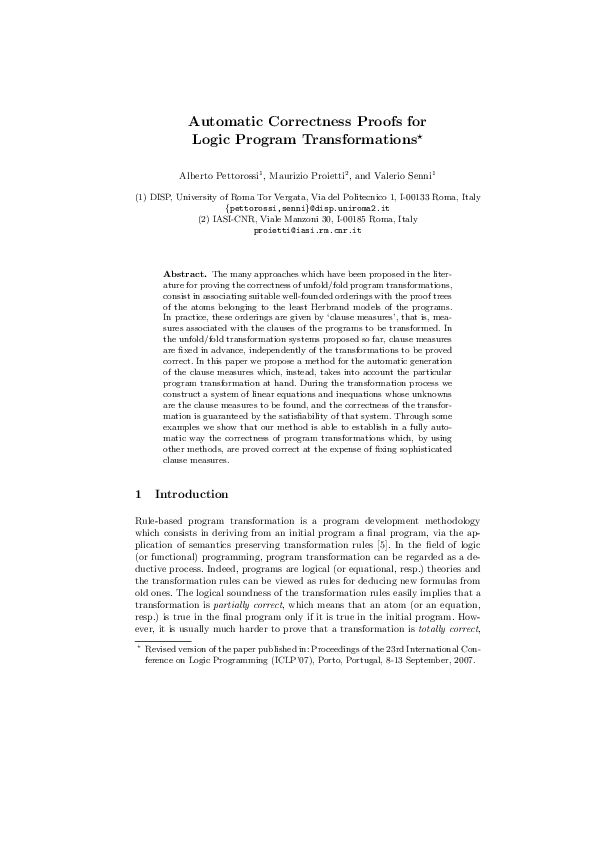 (PDF) Automatic Correctness Proofs for Logic Program Transformations