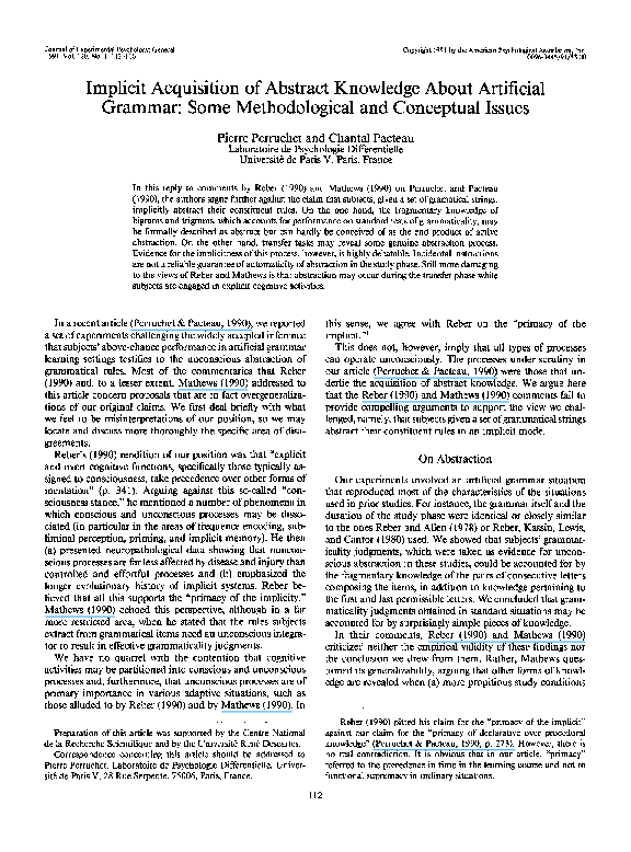 (PDF) Implicit acquisition of abstract knowledge about artificial grammar: Some methodological ...
