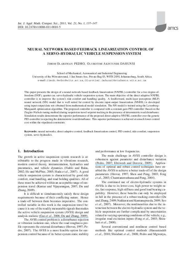 Pdf Neural Network Based Feedback Linearization Control Of A Servo