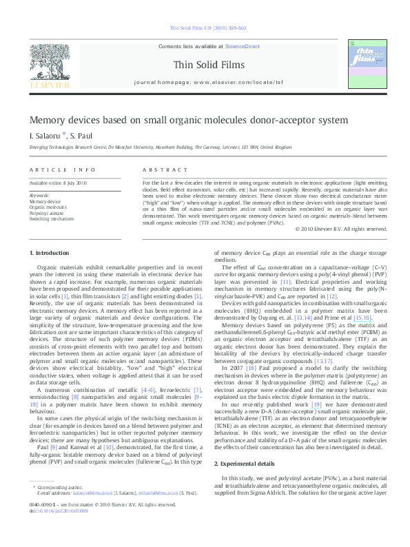 (PDF) Memory devices based on small organic molecules donor-acceptor system