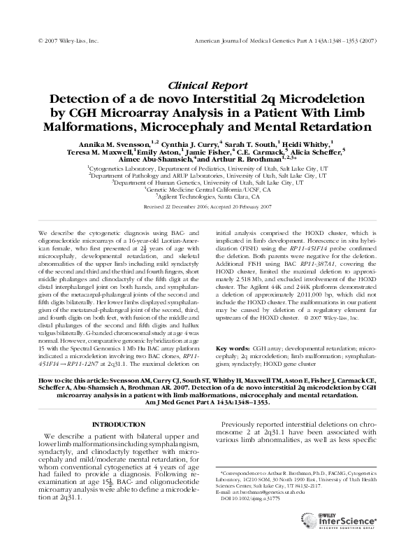 (PDF) Detection of a de novo interstitial 2q microdeletion by CGH ...
