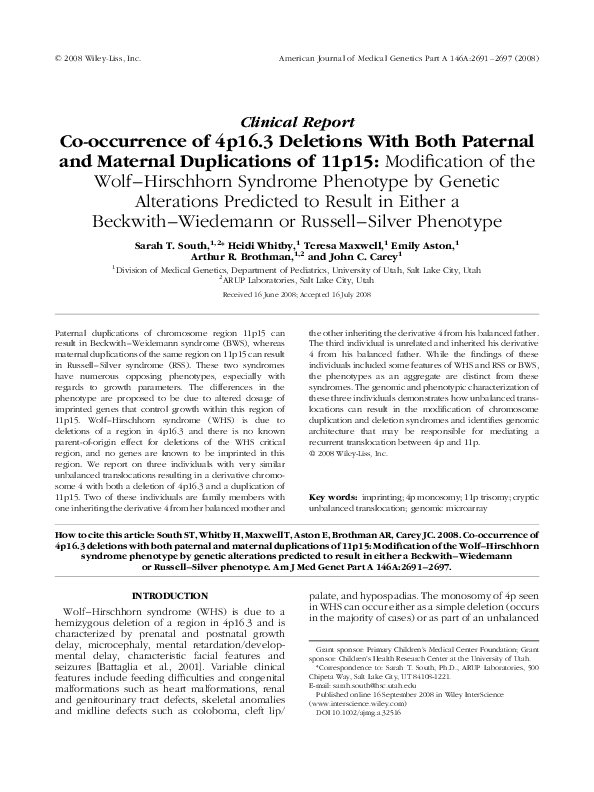 (PDF) Co-occurrence of 4p16.3 deletions with both paternal and maternal ...