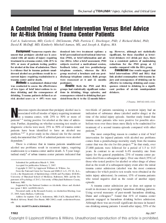(PDF) A Controlled Trial of Brief Intervention Versus Brief Advice For ...