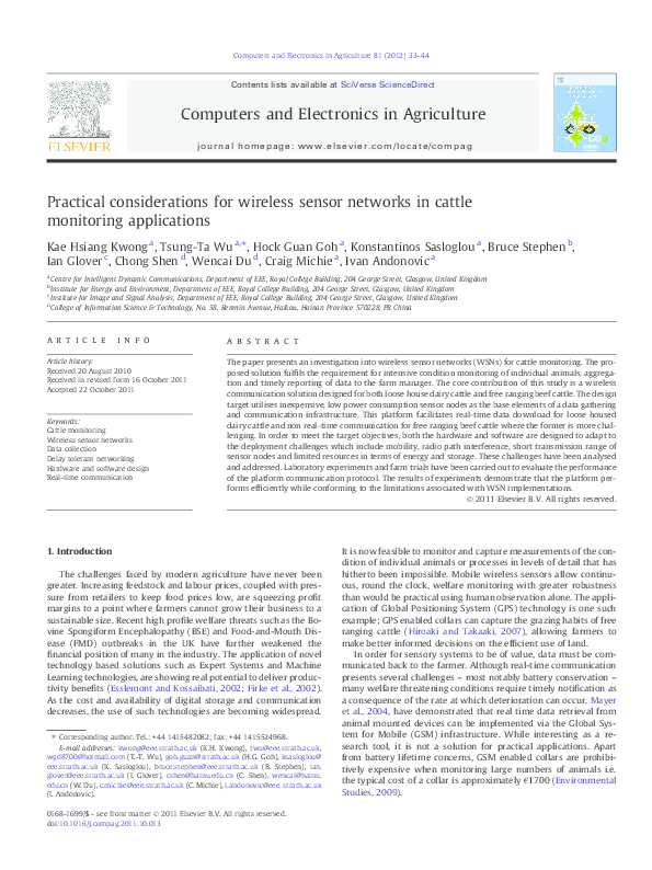 Pdf Practical Considerations For Wireless Sensor Networks In Cattle
