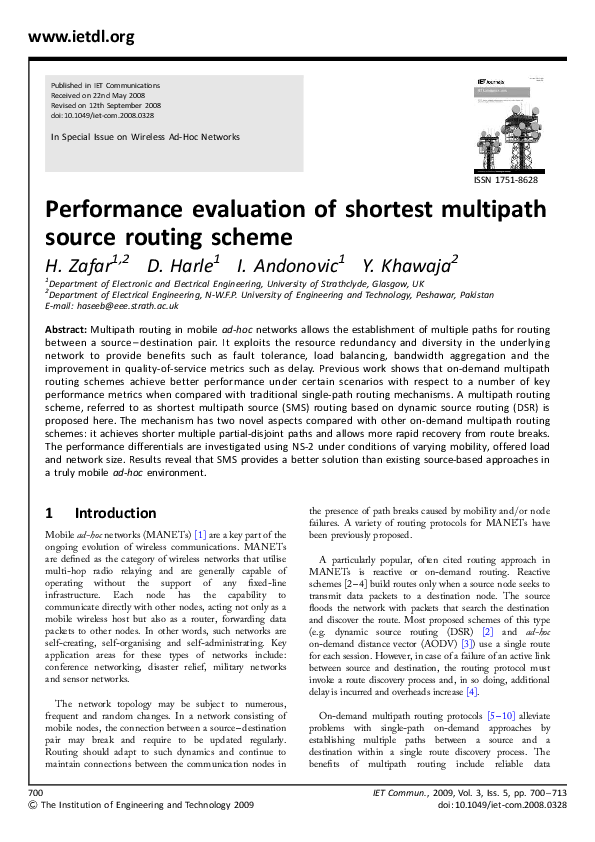 Pdf Performance Evaluation Of Shortest Multipath Source Routing Scheme