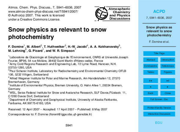 (PDF) Snow physics as relevant to snow photochemistry