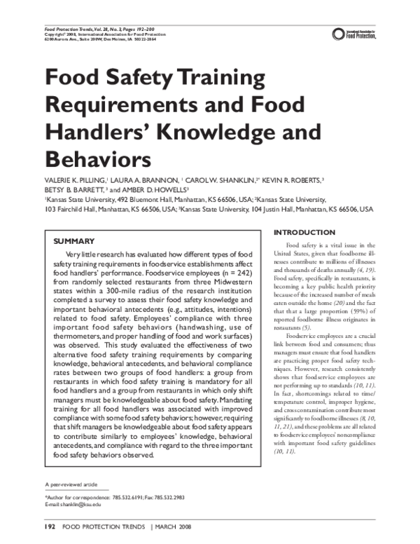 (PDF) Food safety training requirements and food handlers' knowledge ...