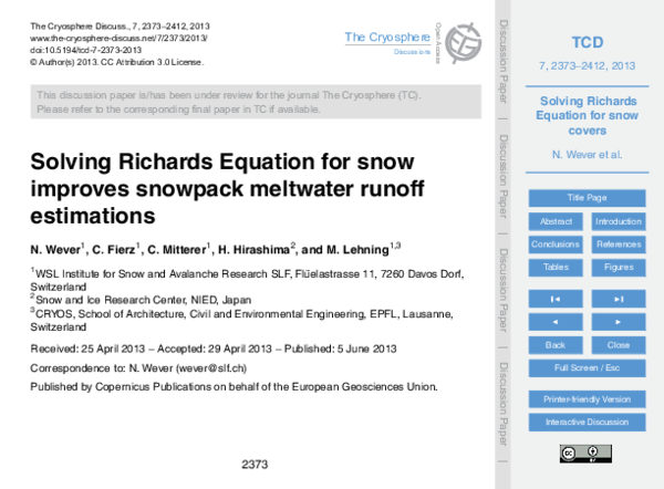 (PDF) Solving Richards Equation for snow improves snowpack meltwater ...