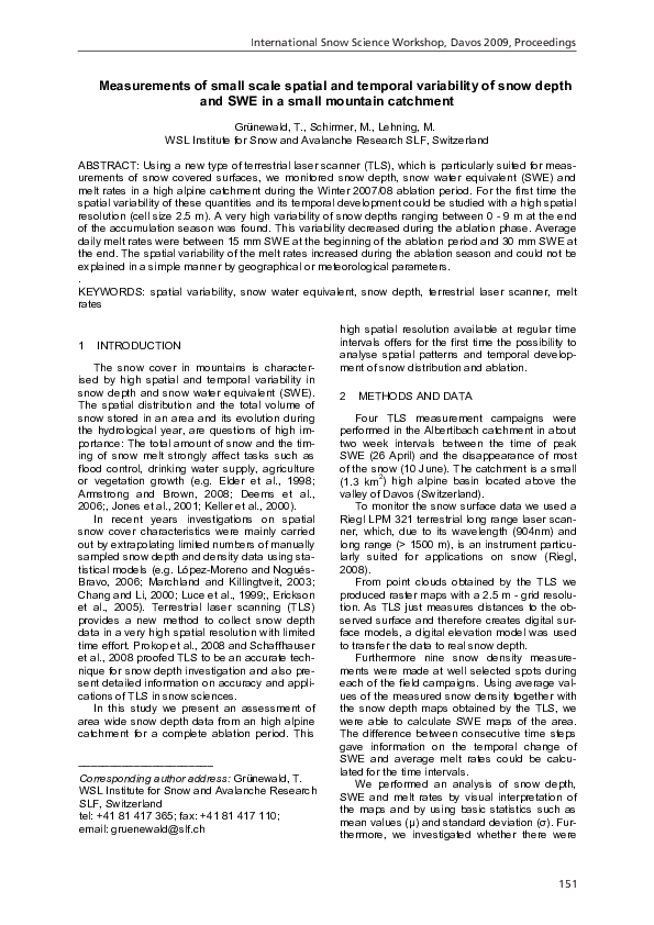 Pdf Spatial And Temporal Variability Of Snow Depth And Swe In A Small