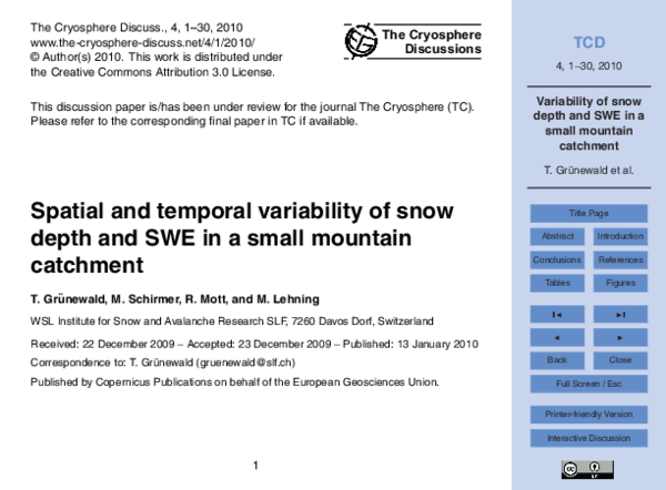 Pdf Spatial And Temporal Variability Of Snow Depth And Swe In A Small