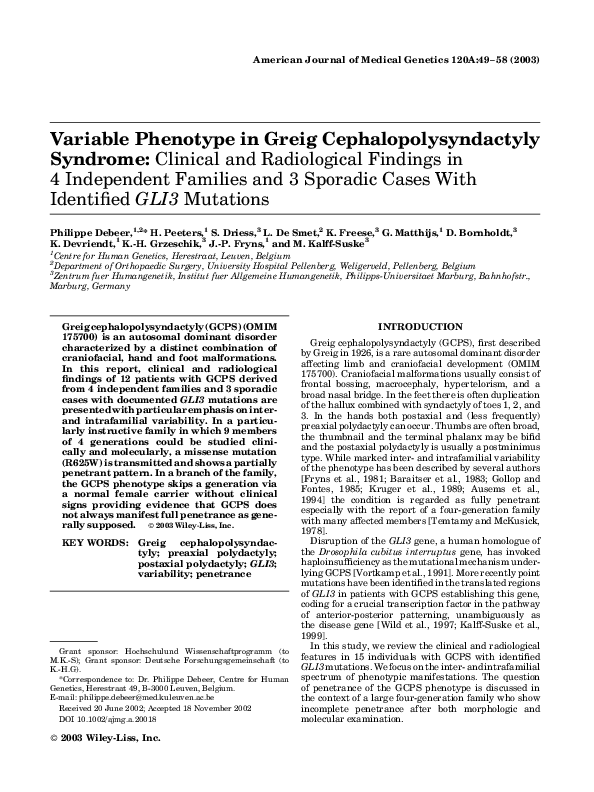 (PDF) Variable phenotype in Greig cephalopolysyndactyly syndrome ...