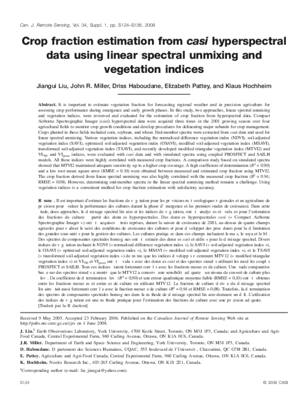 Pdf Crop Fraction Estimation From Casi Hyperspectral Data Using Linear Spectral Unmixing And
