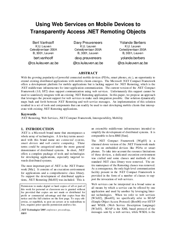 (PDF) Using Web Services on Mobile Devices to Transparently Access .NET Remoting Objects
