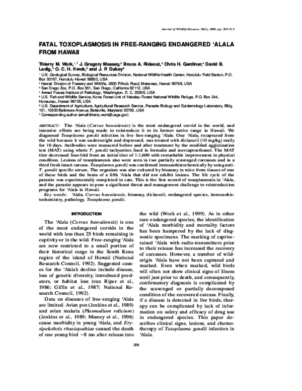 (PDF) FATAL TOXOPLASMOSIS IN FREE-RANGING ENDANGERED ‘ALALA FROM HAWAII