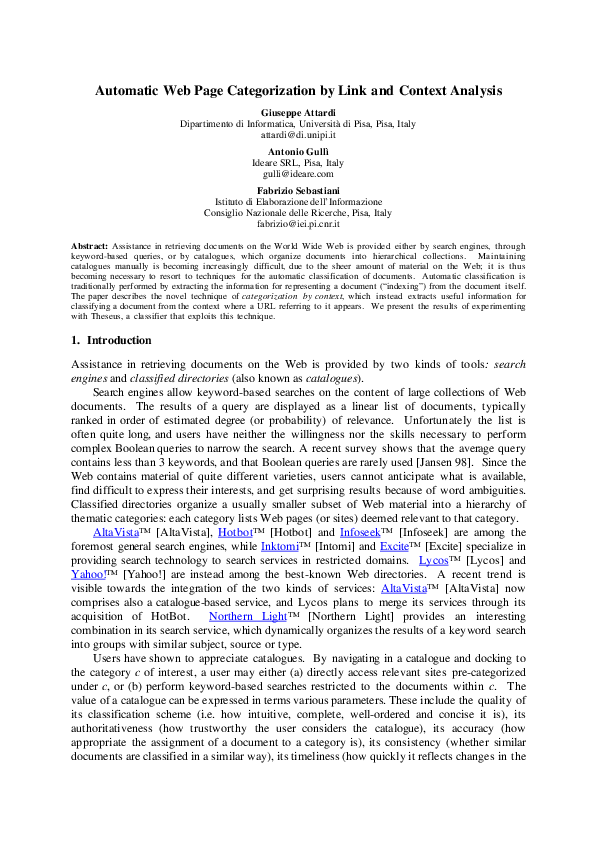 Pdf Automatic Web Page Categorization By Link And Context Analysis