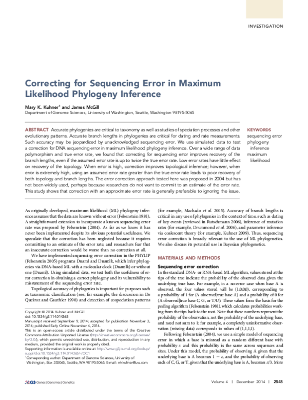 Pdf Correcting For Sequencing Error In Maximum Likelihood Phylogeny Inference