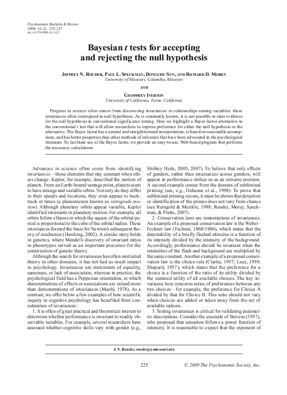 Pdf Bayesian T Tests For Accepting And Rejecting The Null Hypothesis