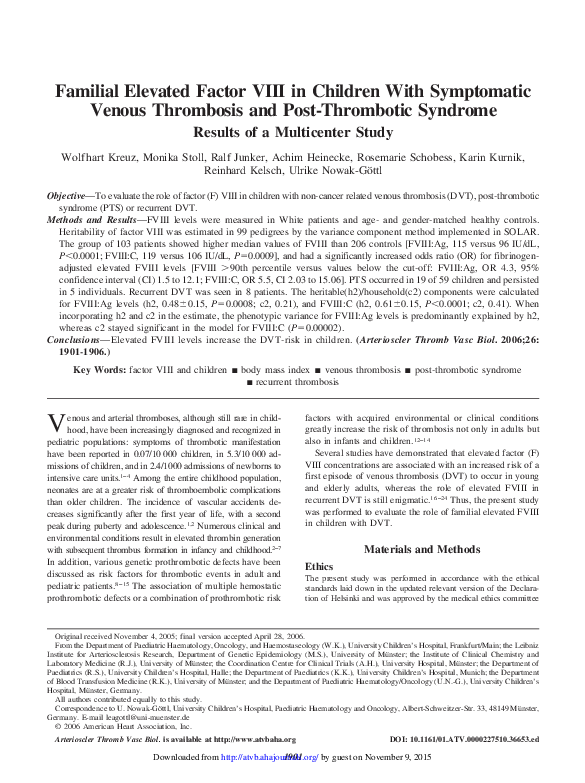 (PDF) Familial Elevated Factor VIII in Children With Symptomatic Venous ...