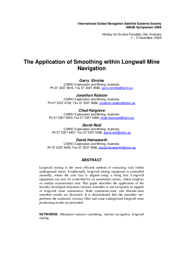 (PDF) The Application of Smoothing within Longwall Mine Navigation | G. Einicke and J. Ralston ...