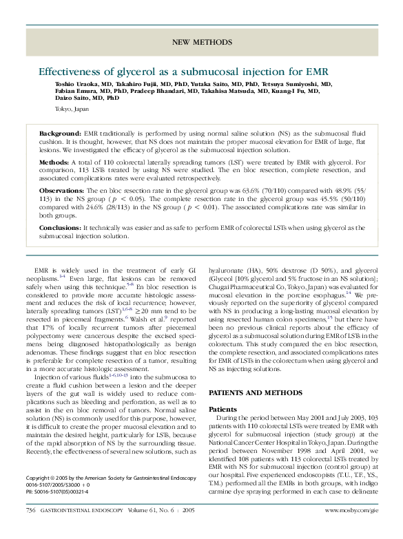 (PDF) Effectiveness of glycerol as a submucosal injection for EMR