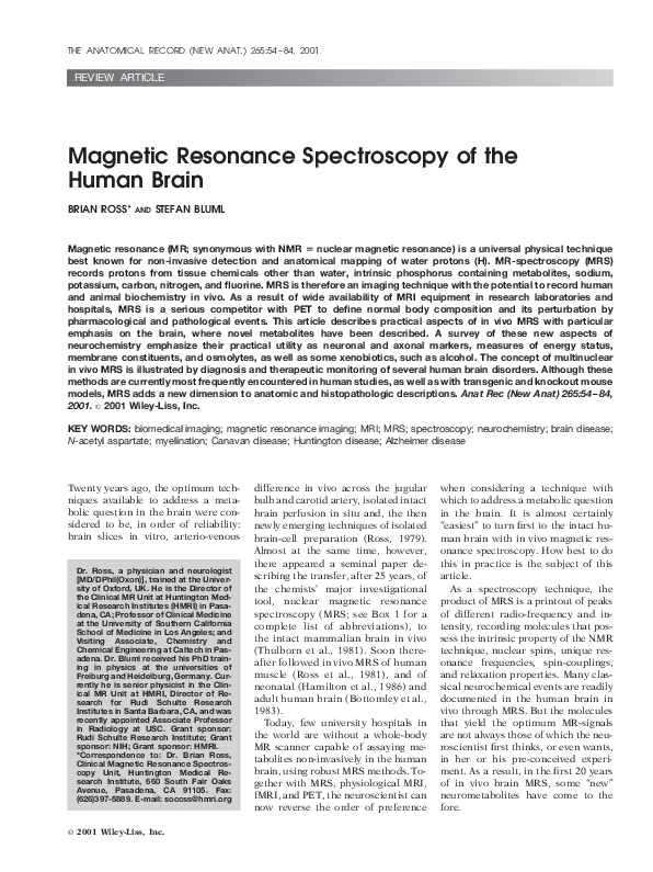 (PDF) Magnetic resonance spectroscopy of the human brain
