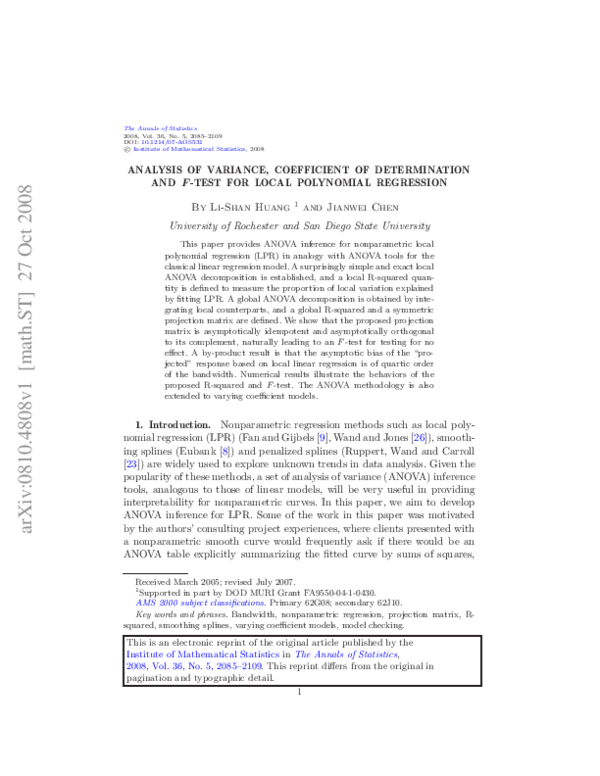 Pdf Analysis Of Variance Coefficient Of Determination And F Test For Local Polynomial Regression