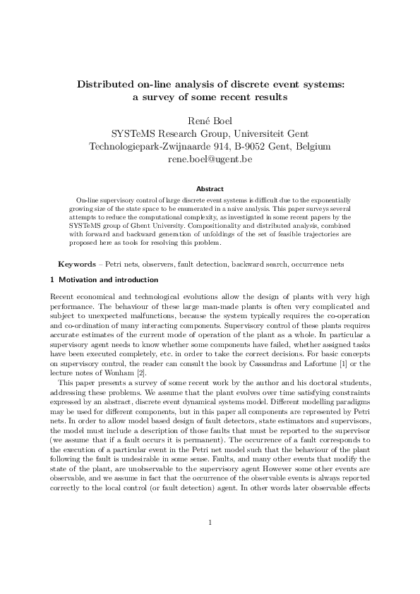 (PDF) Distributed on-line analysis of discrete event systems: a survey of some recent results