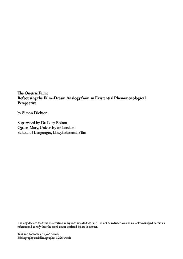 (PDF) The Oneiric Film: Refocusing the Film–Dream Analogy from an ...
