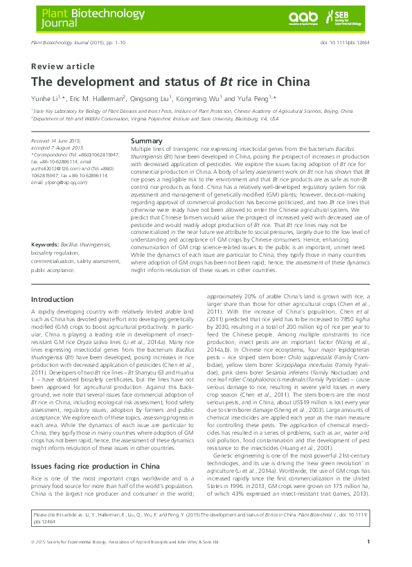 (PDF) The development and status of Bt rice in China