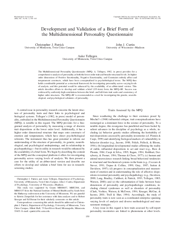 (PDF) Development and validation of a brief form of the Multidimensional Personality Questionnaire