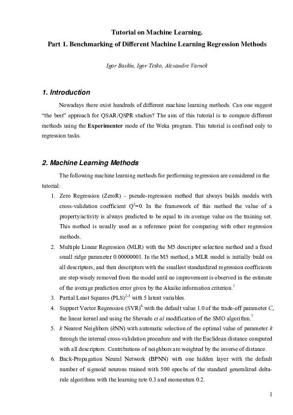 (PDF) Tutorial on Machine Learning. Part 1. Benchmarking of Different Machine Learning ...