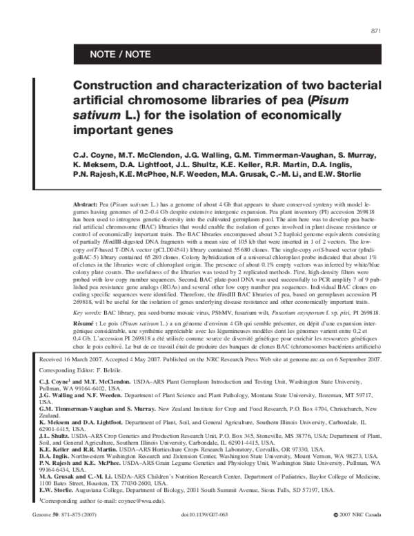 (PDF) Construction and characterization of two bacterial artificial chromosome libraries of pea ...