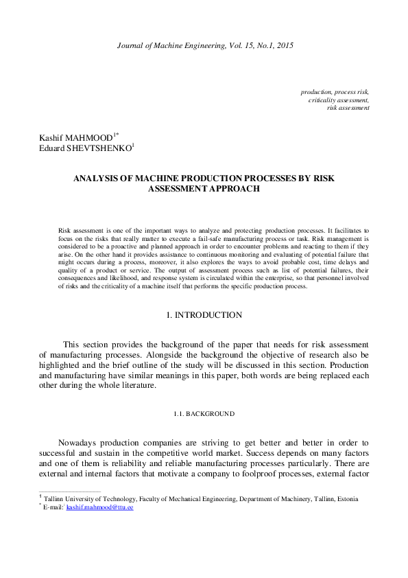 (PDF) ANALYSIS OF MACHINE PRODUCTION PROCESSES BY RISK ASSESSMENT APPROACH