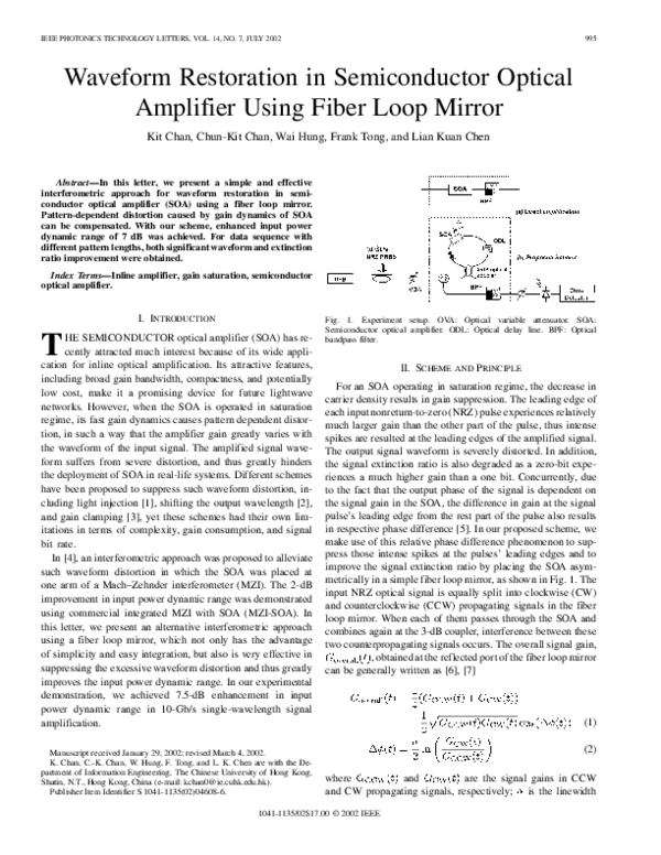 (PDF) Waveform restoration in semiconductor optical amplifier using ...