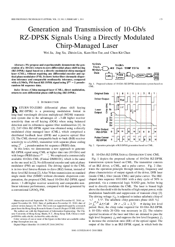 (PDF) Generation and Transmission of 10-Gb/s RZ-DPSK Signals Using a ...