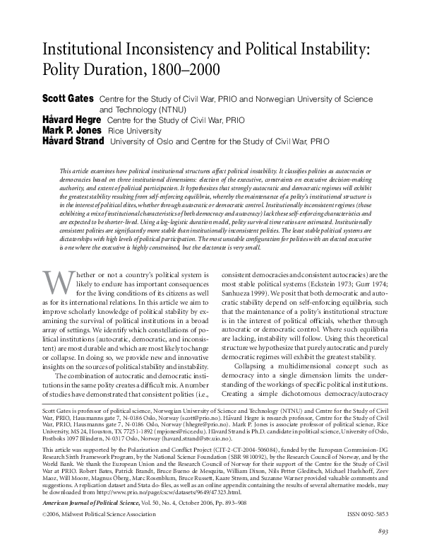 (PDF) Institutional Inconsistency and Political Instability: Polity Duration, 1800?2000