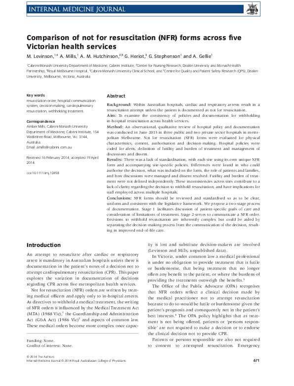 (PDF) A comparison of Not for resuscitation (NFR) forms across five ...