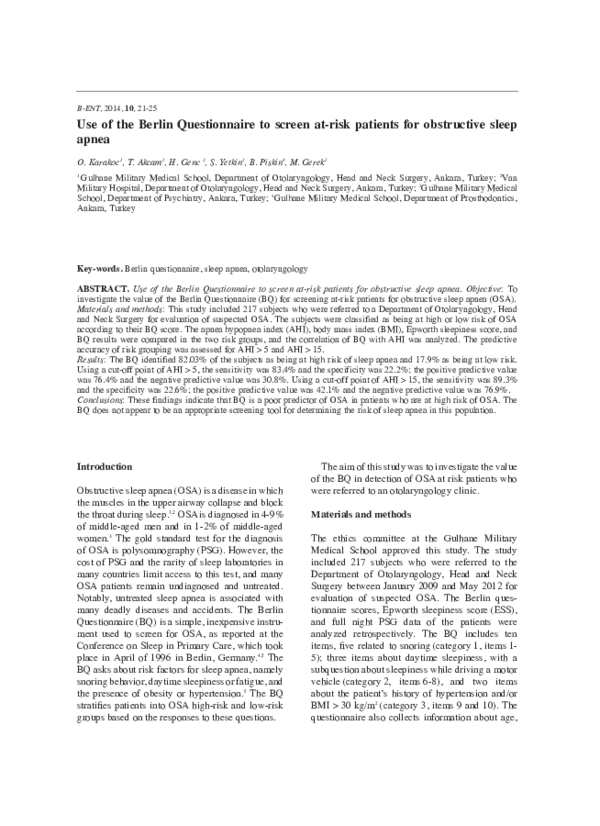 Pdf Use Of The Berlin Questionnaire To Screen At Risk Patients For Obstructive Sleep Apnea