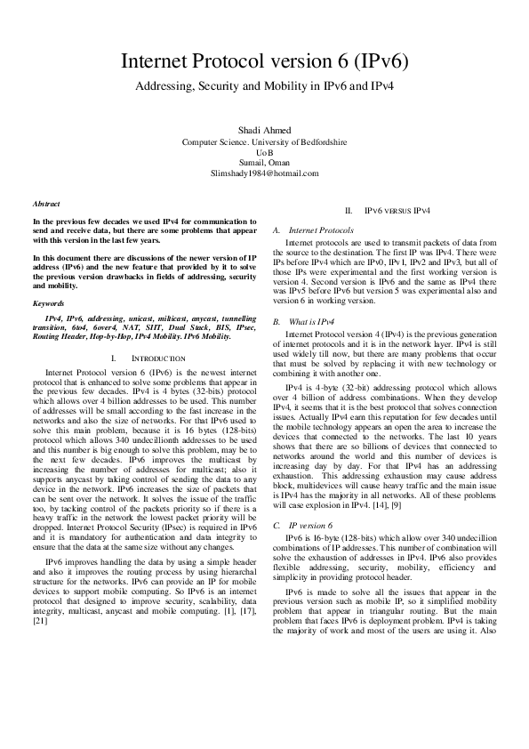 (PDF) Internet Protocol version 6 (IPv6)