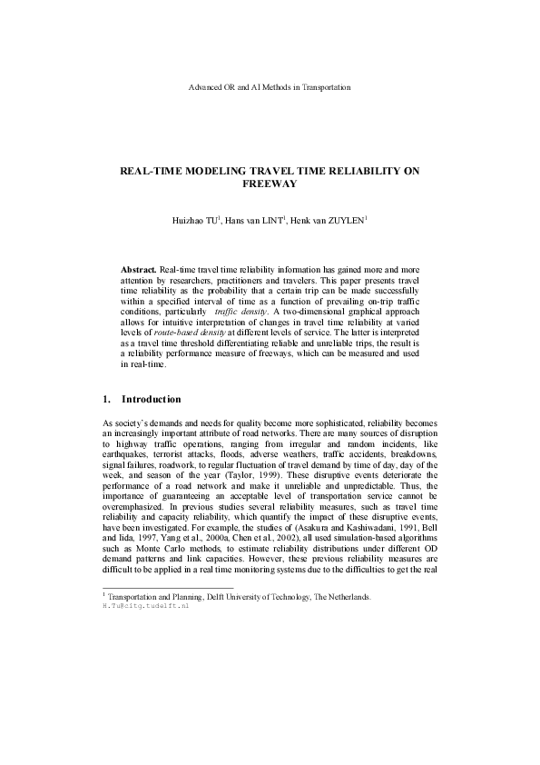 (PDF) REAL-TIME MODELING TRAVEL TIME RELIABILITY ON FREEWAY
