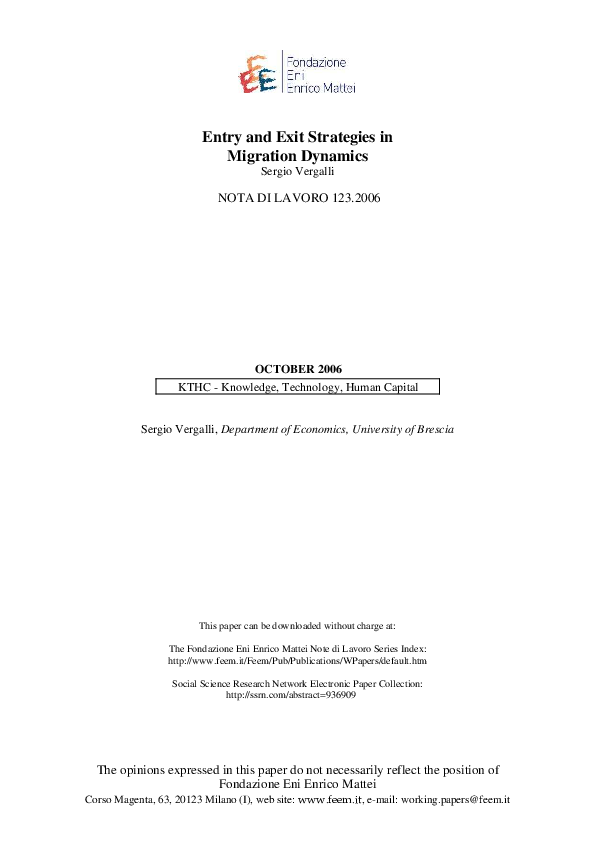 (PDF) Entry and Exit Strategies in Migration Dynamics