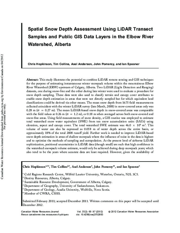 (PDF) LiDAR and GIS for Snow Depth in Elbow River