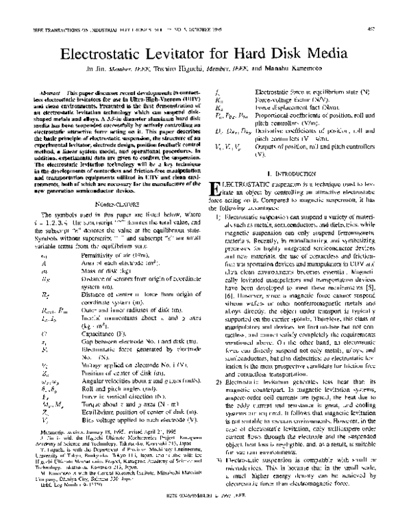 (PDF) Electrostatic levitator for hard disk media