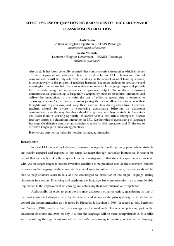 EFFECTIVE USE OF QUESTIONING BEHAVIORS TO TRIGGER DYNAMIC CLASSROOM ...