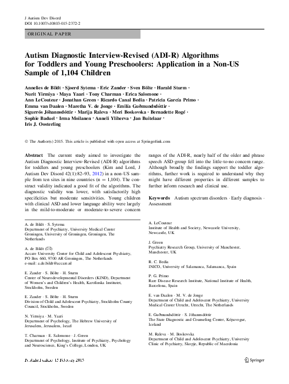 (PDF) Autism Diagnostic Interview-Revised (ADI-R) Algorithms for ...