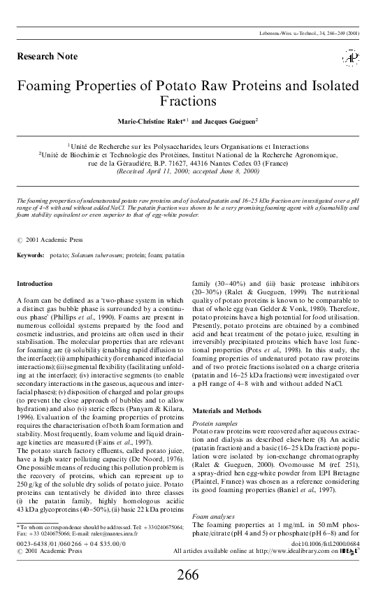 (PDF) Foaming Properties of Potato Raw Proteins and Isolated Fractions ...