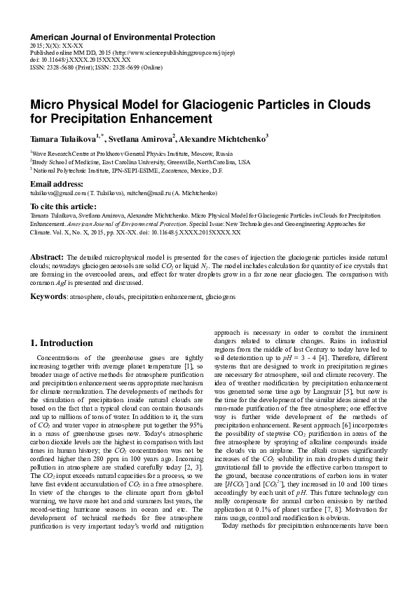 (PDF) Micro Physical Model for Glaciogenic Particles in Clouds for ...